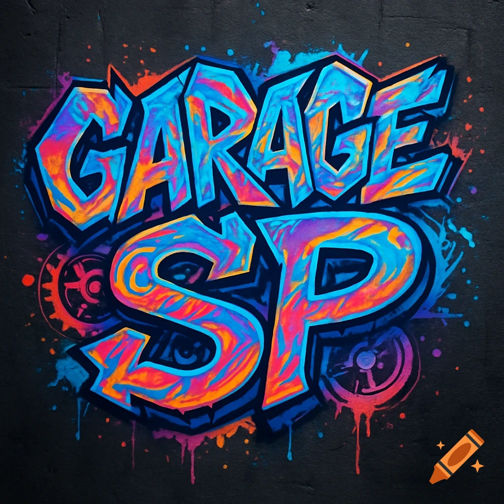 Vibrant, colorful graffiti logo with the text 'GARAGE SP' on a dark ...
