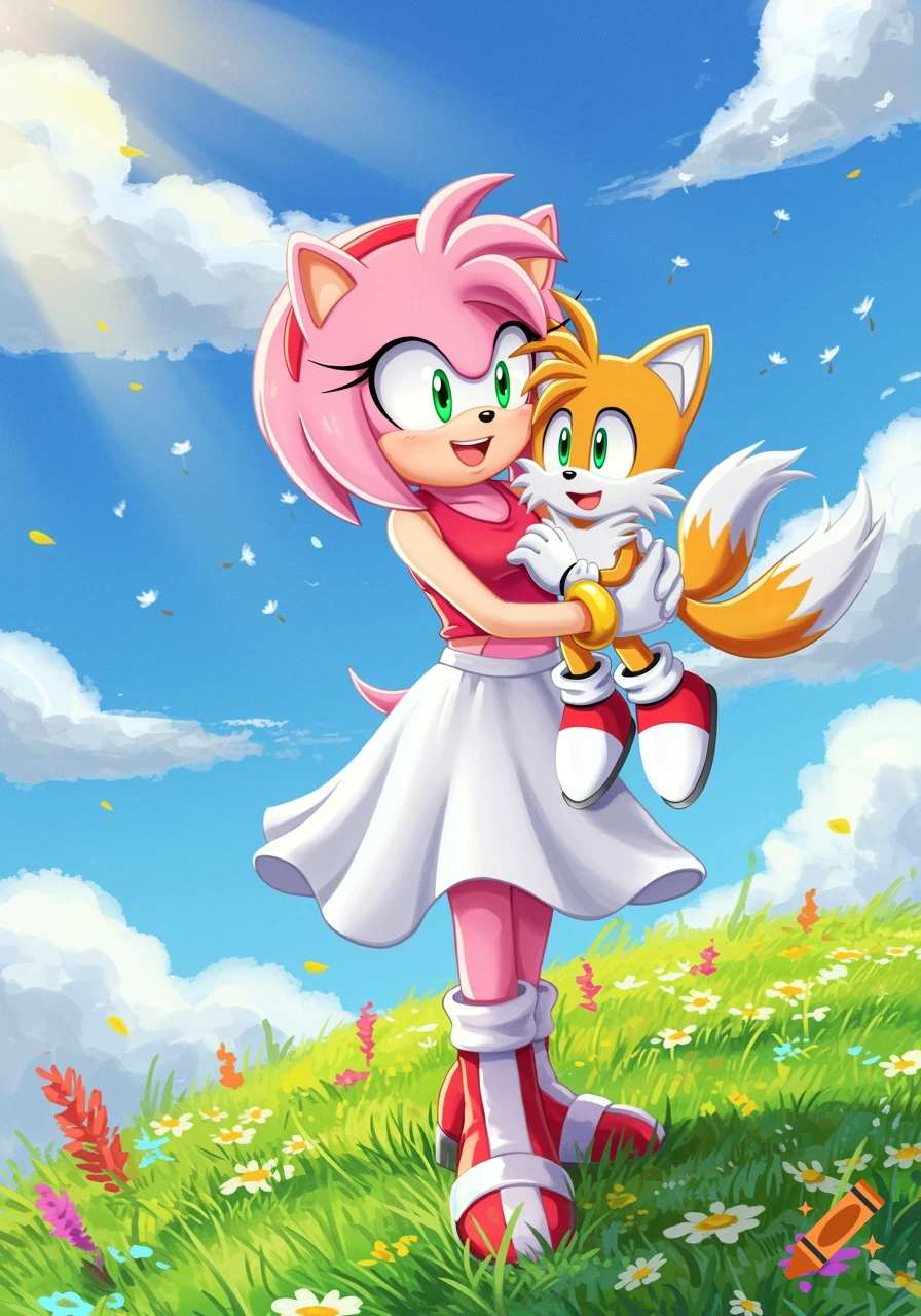 Anime-style illustration of Amy Rose holding Tails in a bright green ...