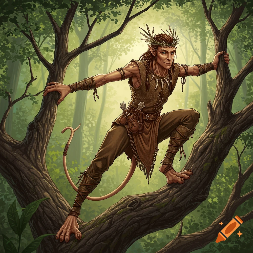 An agile, elf-like creature with a tail and cloven feet climbs through ...