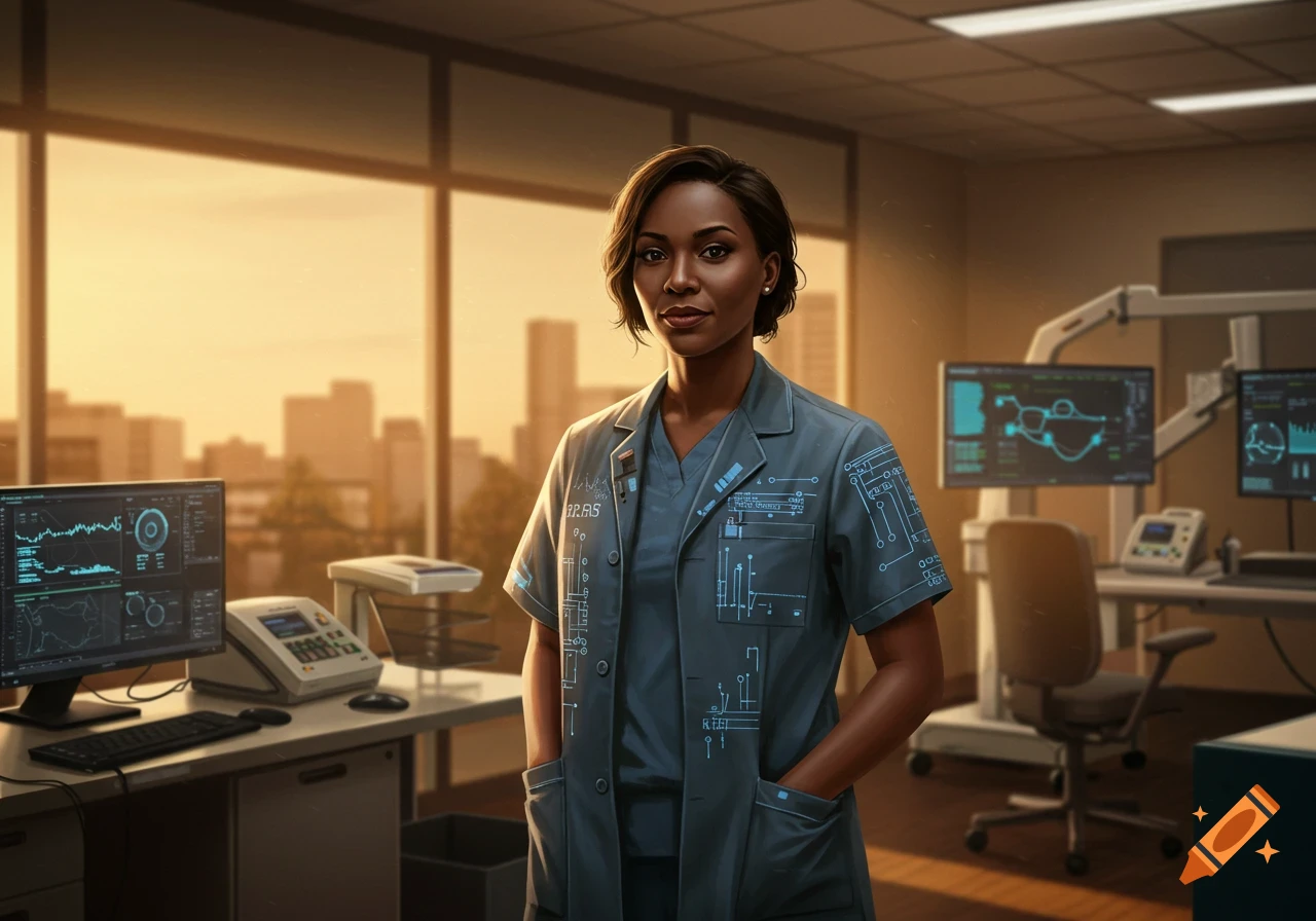 A photorealistic portrait of a female nurse in a grey uniform with ...