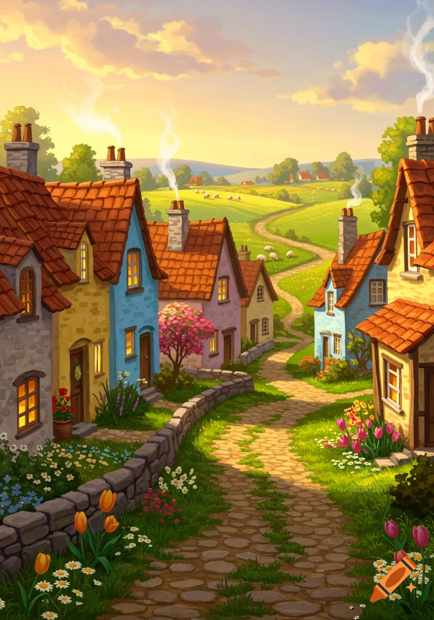 A whimsical fairytale village with thatched-roof houses, a winding ...