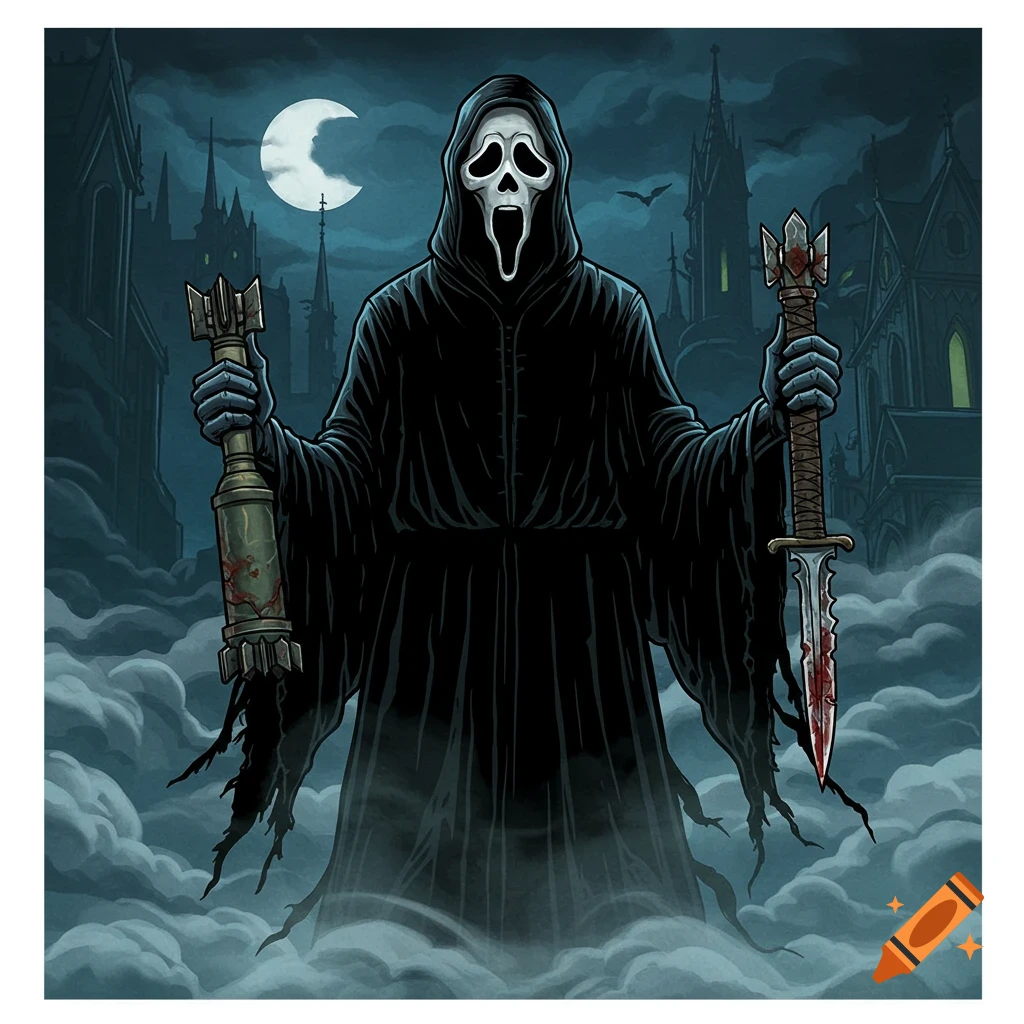 A comic book style skeleton in a tattered red hooded robe stands with ...