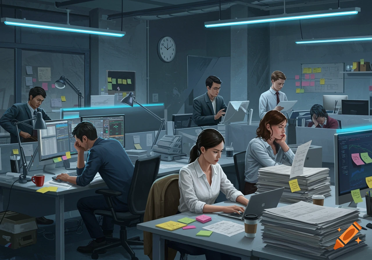 An illustration of a busy, dimly lit office with a technical team of people working on computers ...