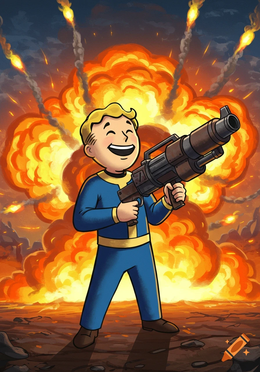 Cartoon Vault Boy in a blue jumpsuit with blonde hair, smiling, with ...