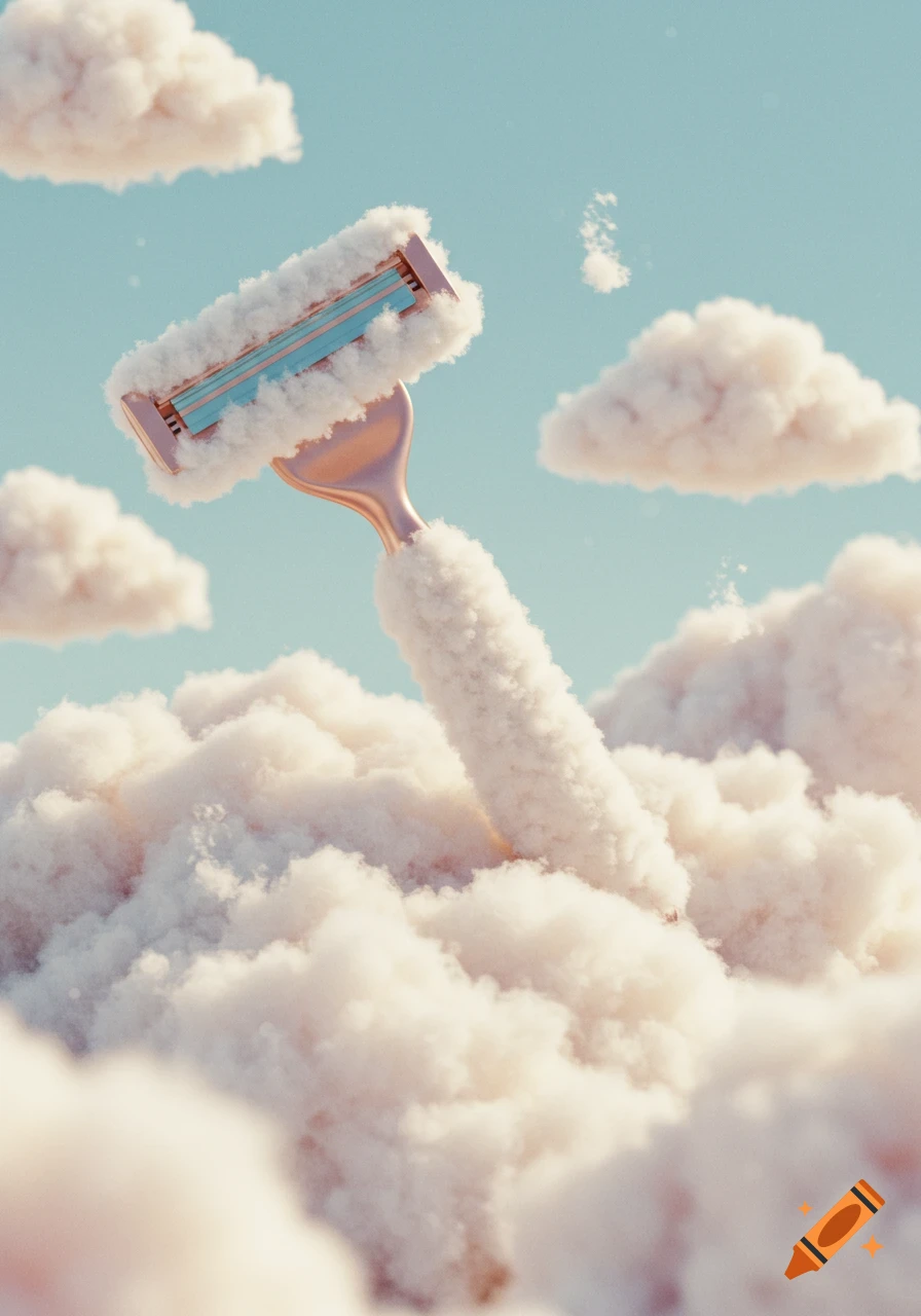 A fluffy, golden razor with light blue blades floats upright among soft ...