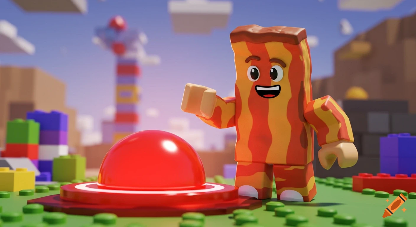 A blocky bacon character stands next to a large red button on a green ...