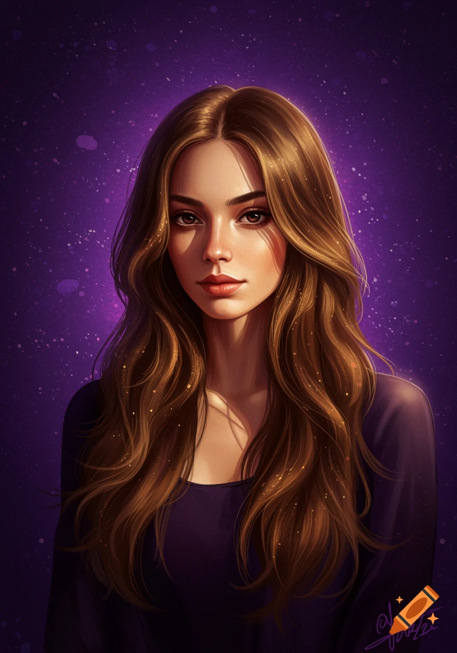Digital art portrait of a woman with long brown hair, set against a ...