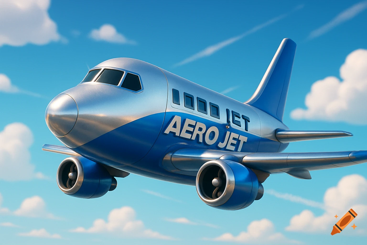 A shiny silver and blue cartoon-style airplane with 'AERO JET' on its ...