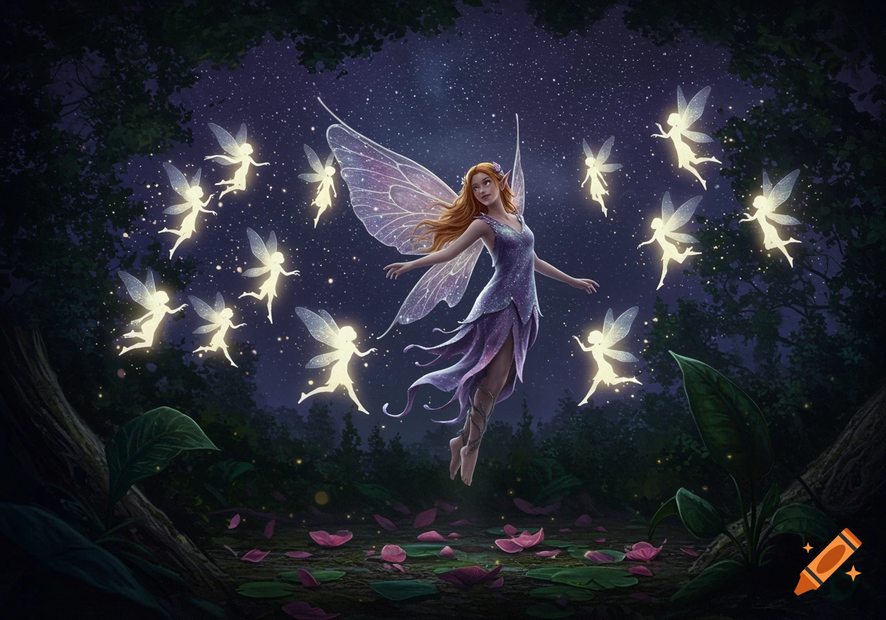 A winged fairy floats in a dark forest, surrounded by glowing fairies ...