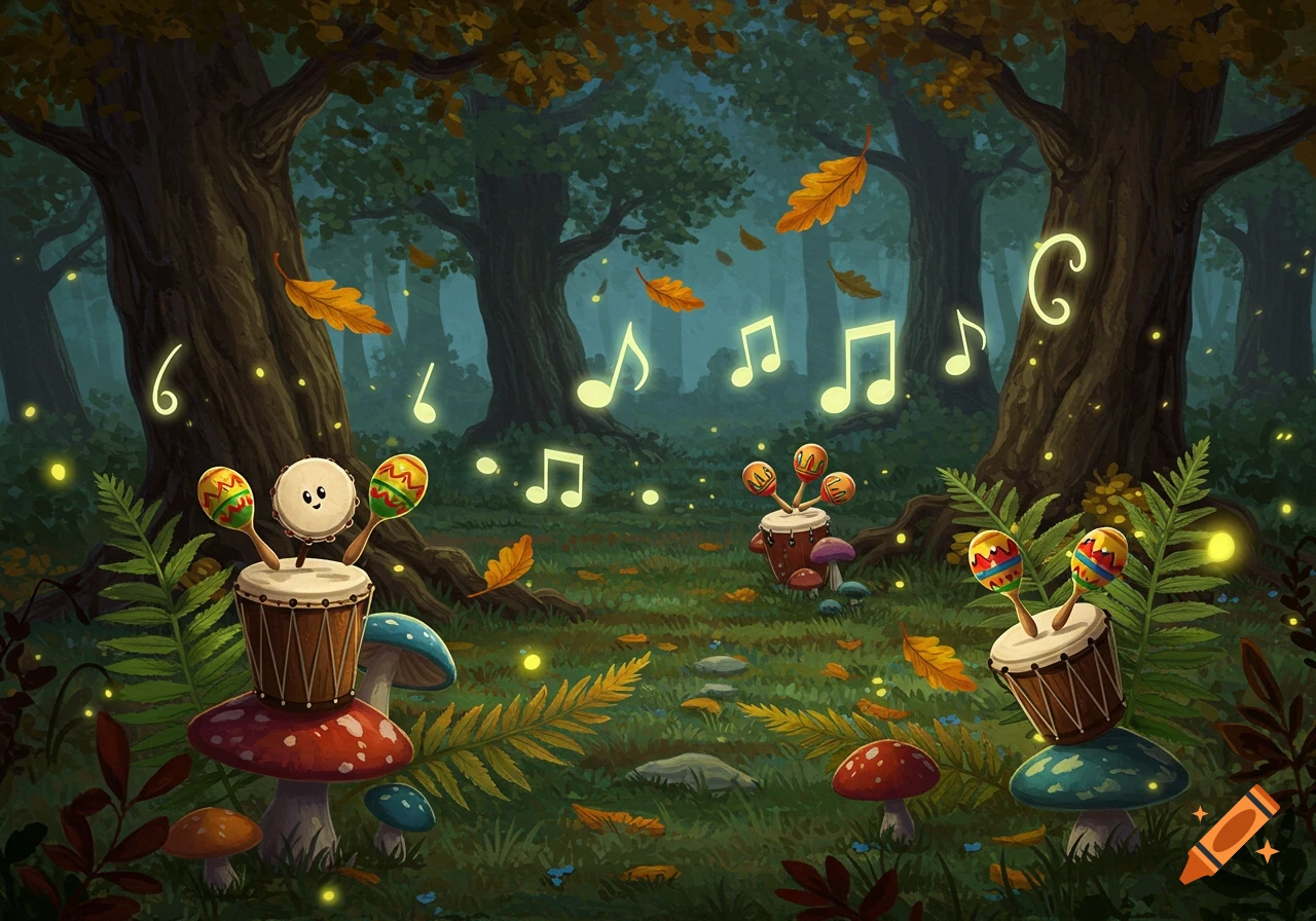 Glowing drum set in a dark, magical forest with luminescent plants ...