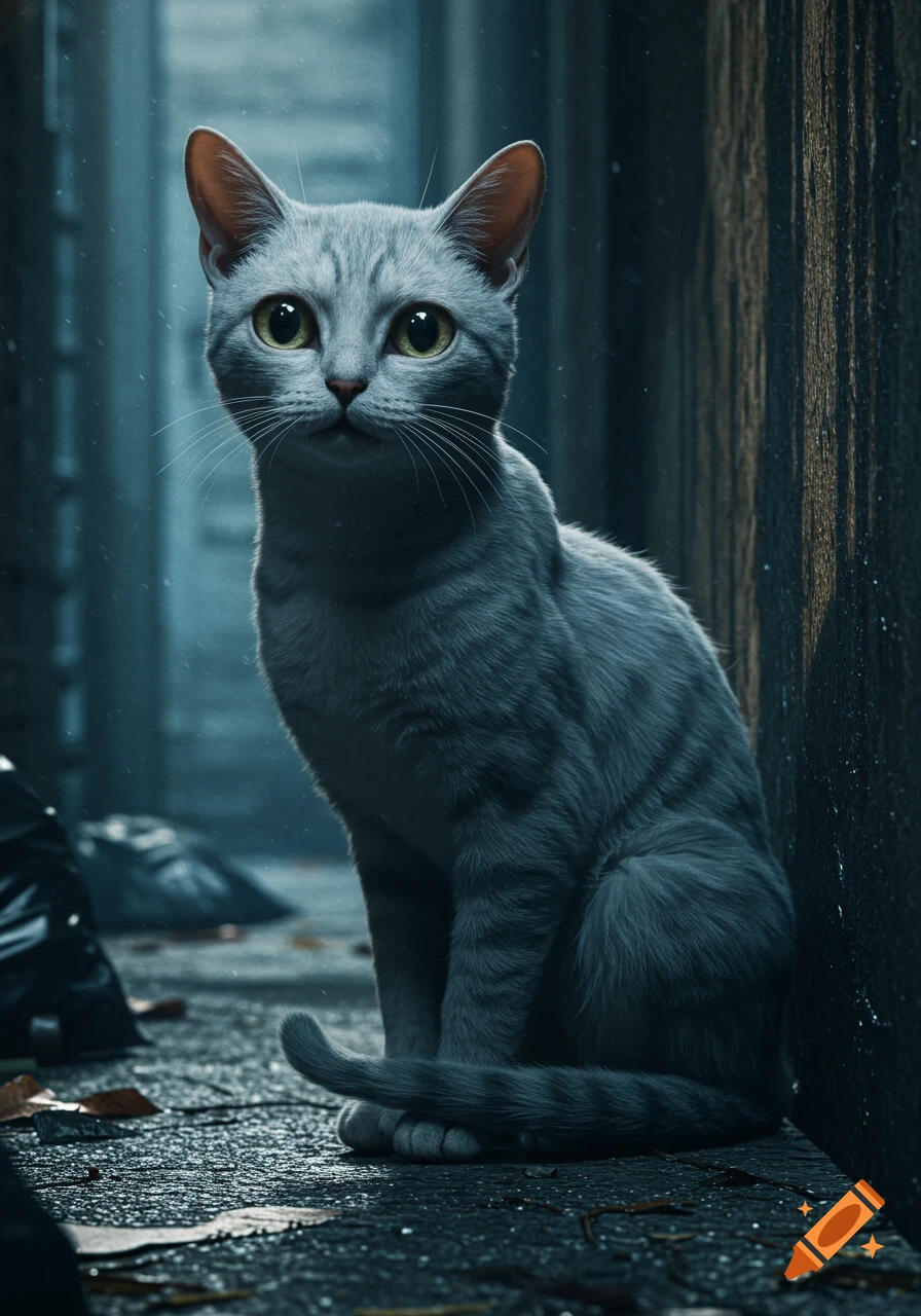 Photorealistic grey tabby cat with green eyes standing on a kitchen ...