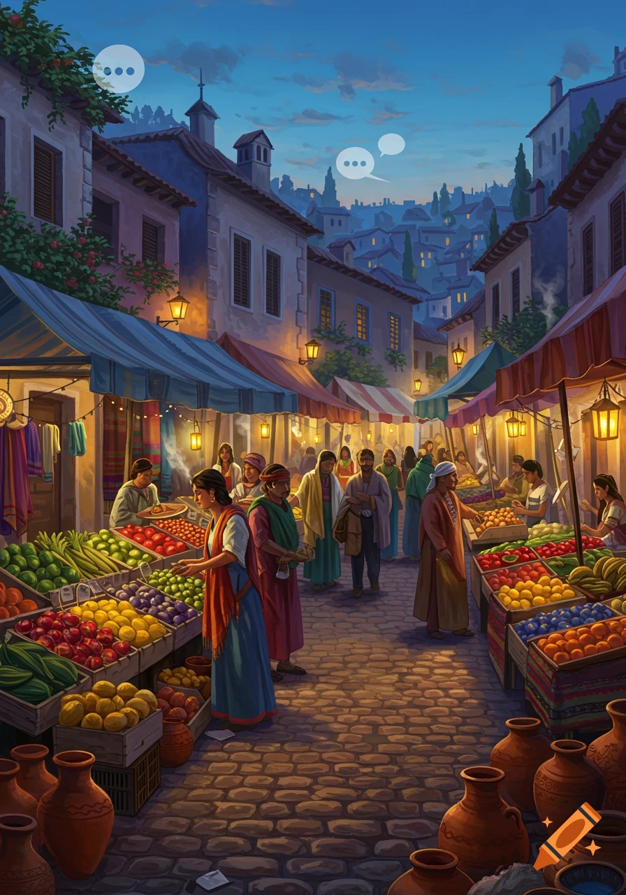 A detailed medieval fantasy city at sunset, featuring a grand domed ...