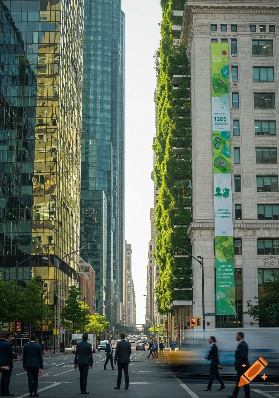 Photorealistic image of a busy city street with tall glass buildings ...