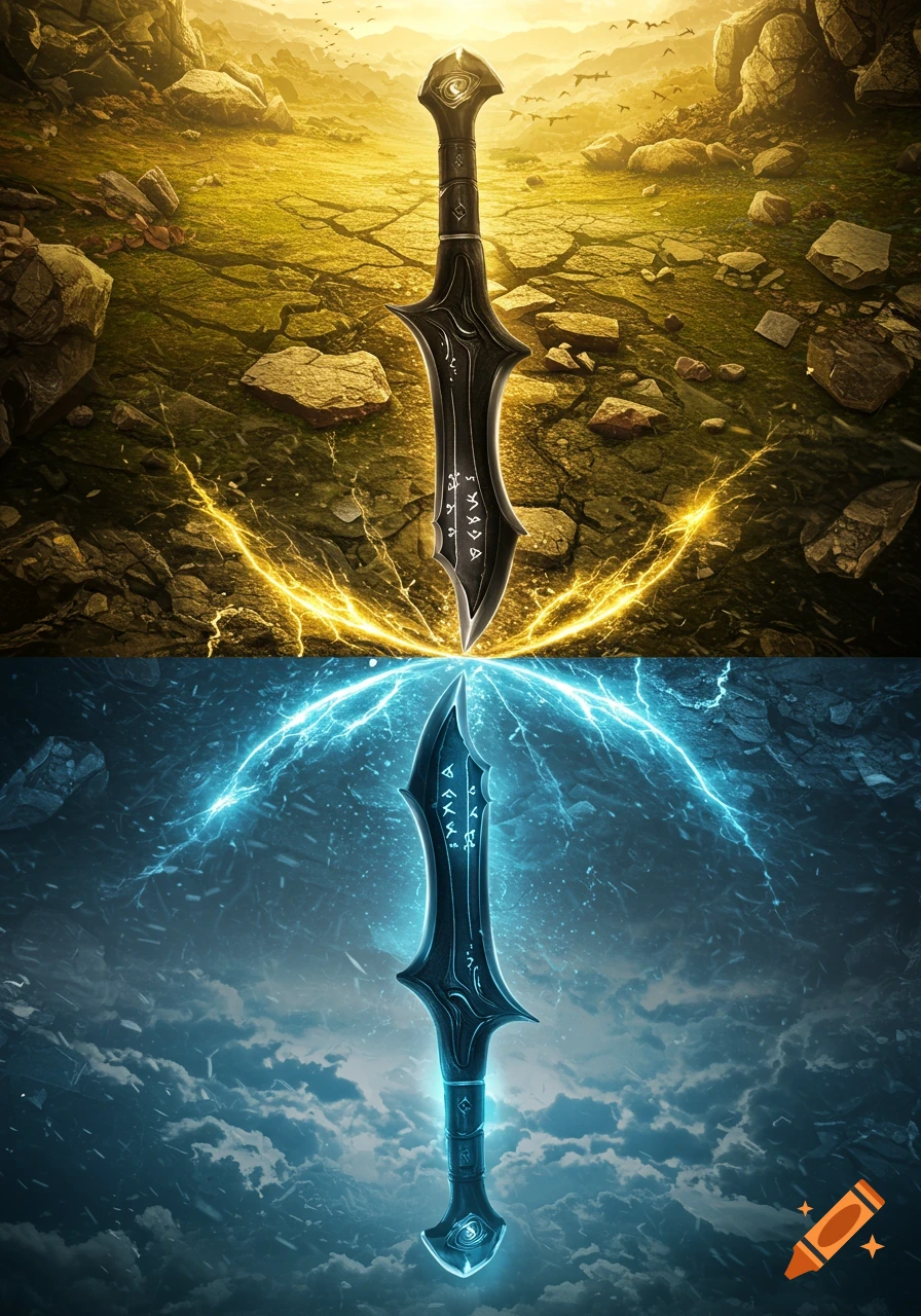 A close-up, dramatic shot of a combat knife with an ornate handle ...