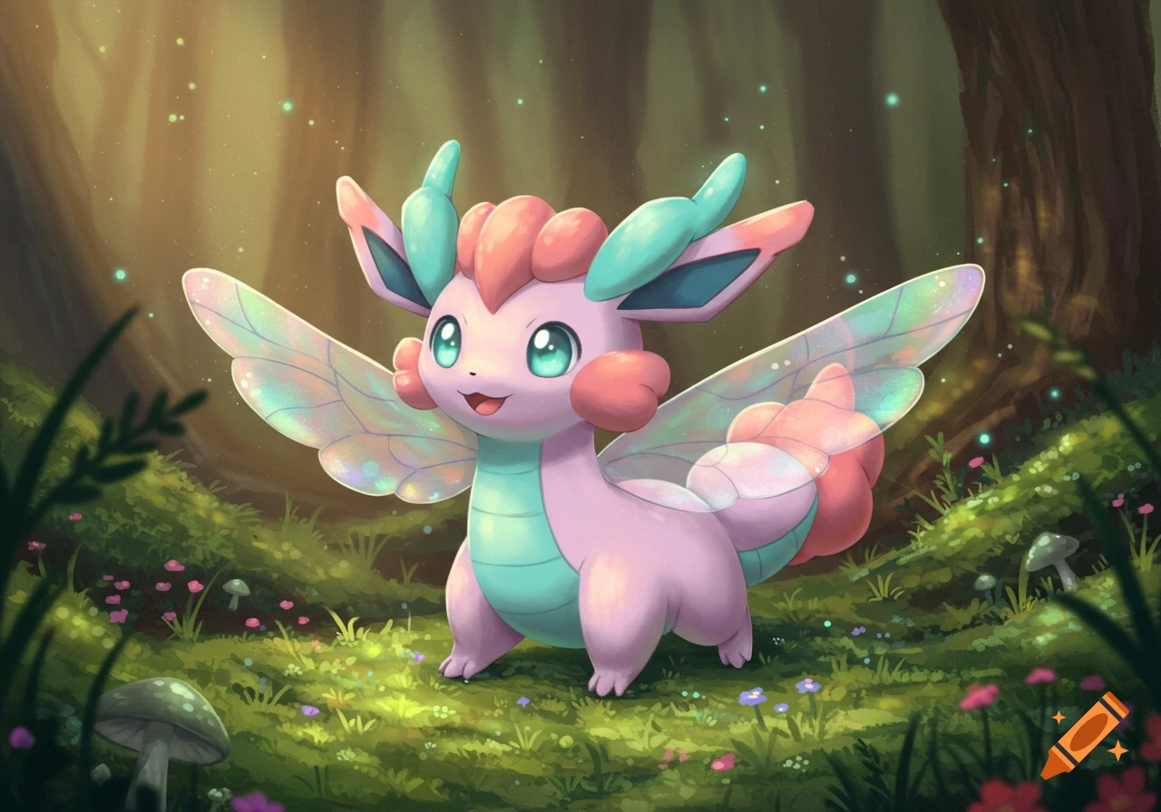 A cute, pink and teal, winged creature with large eyes smiles while ...