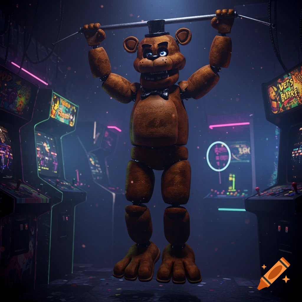 Freddy Fazbear, a brown animatronic bear, hangs from a metal bar in a ...