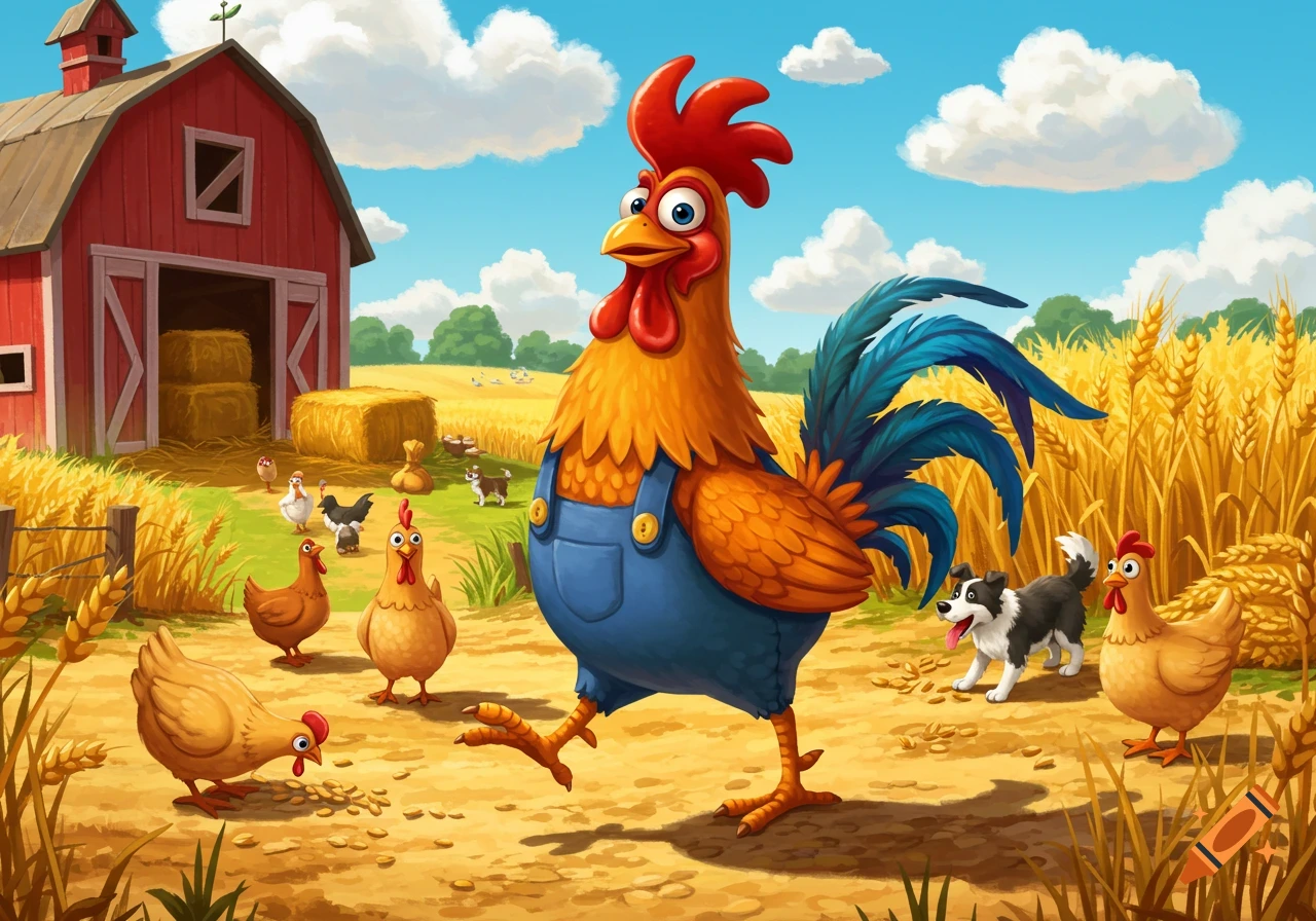 Farm animals in a sunny field with a red barn. Two horses, a dog, a ...