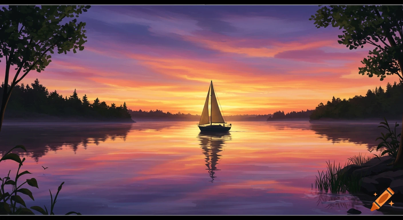 An illustration of a sailboat on a calm lake at sunset with vibrant sky reflections. on Craiyon