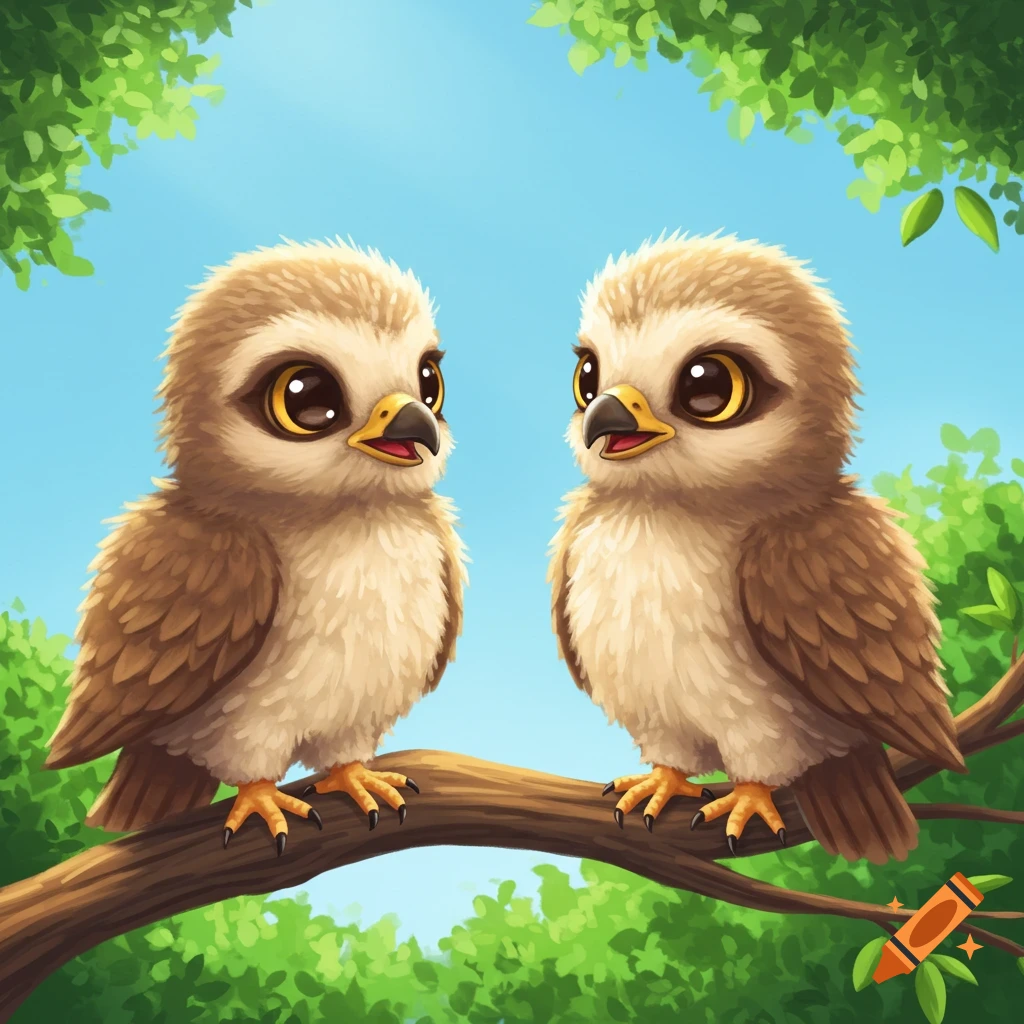 Fluffy blue 3D cartoon owl with big eyes sits on a branch, smiling ...