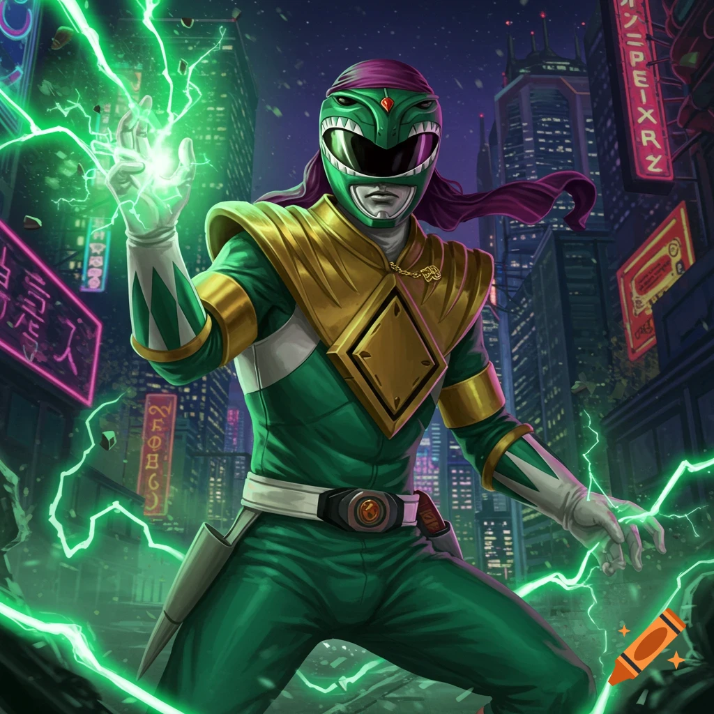 The Green Power Ranger with a purple durag stands in a neon-lit ...