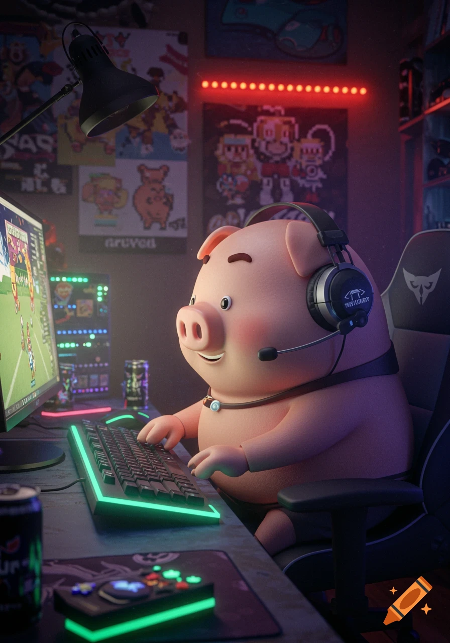 An angry cartoon ghost with a gaming headset plays a computer game ...