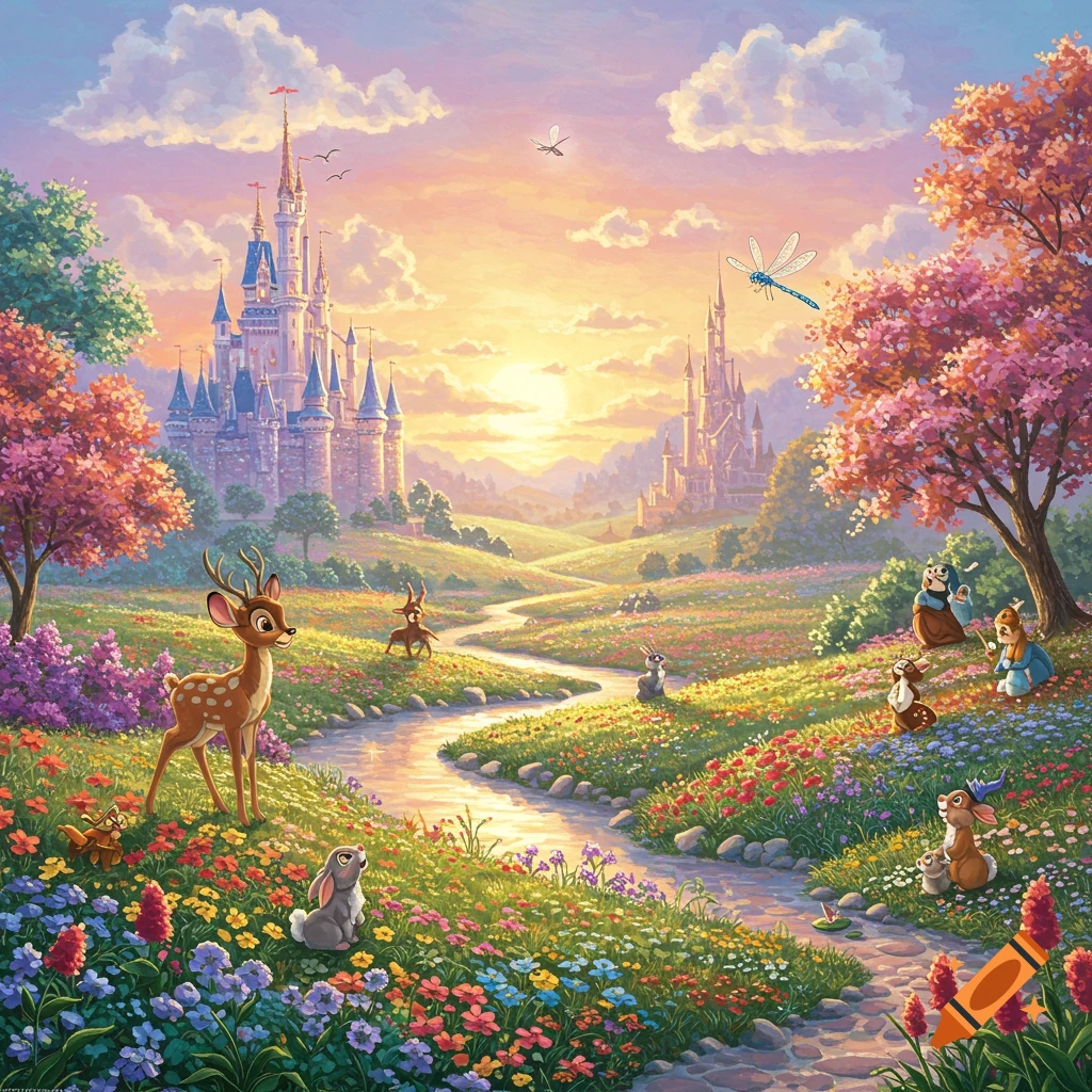 Animated fantasy landscape with two Disney-style castles at sunset, a ...