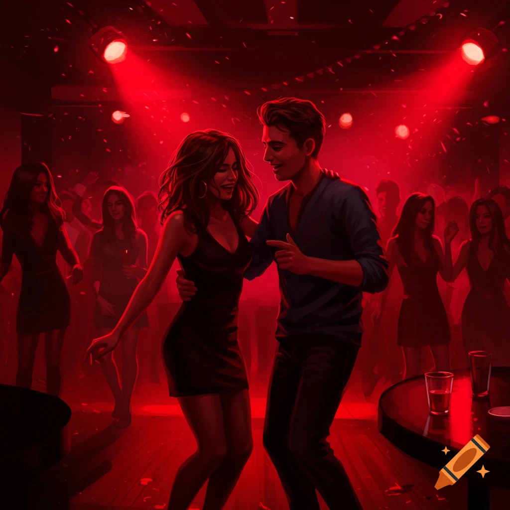 A man and woman dancing at a lively party under red lights, with other ...