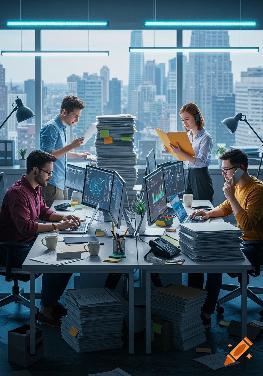 Modern office workspace at night with a laptop on a desk and a city ...