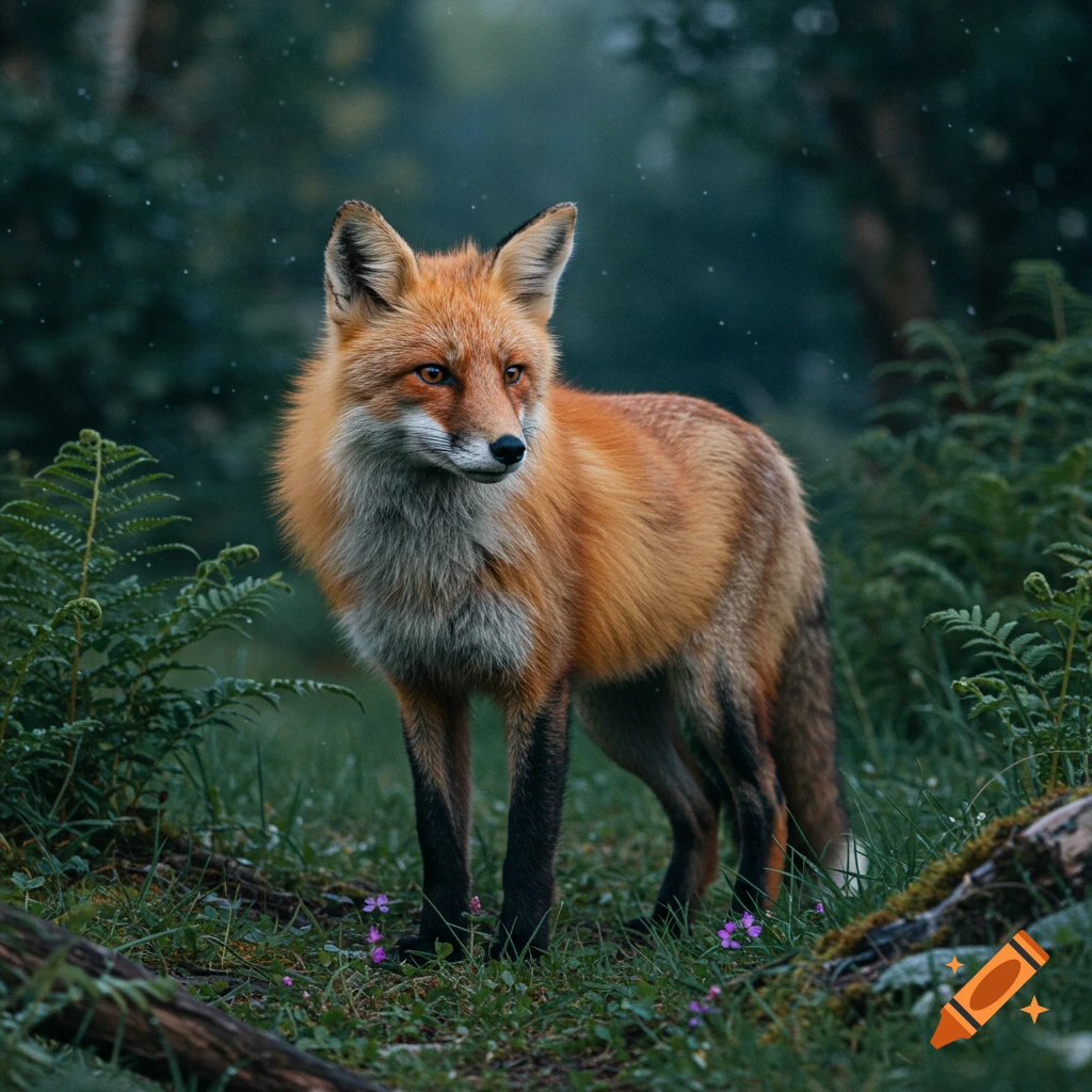 A photorealistic red fox with bright eyes standing in a lush green ...