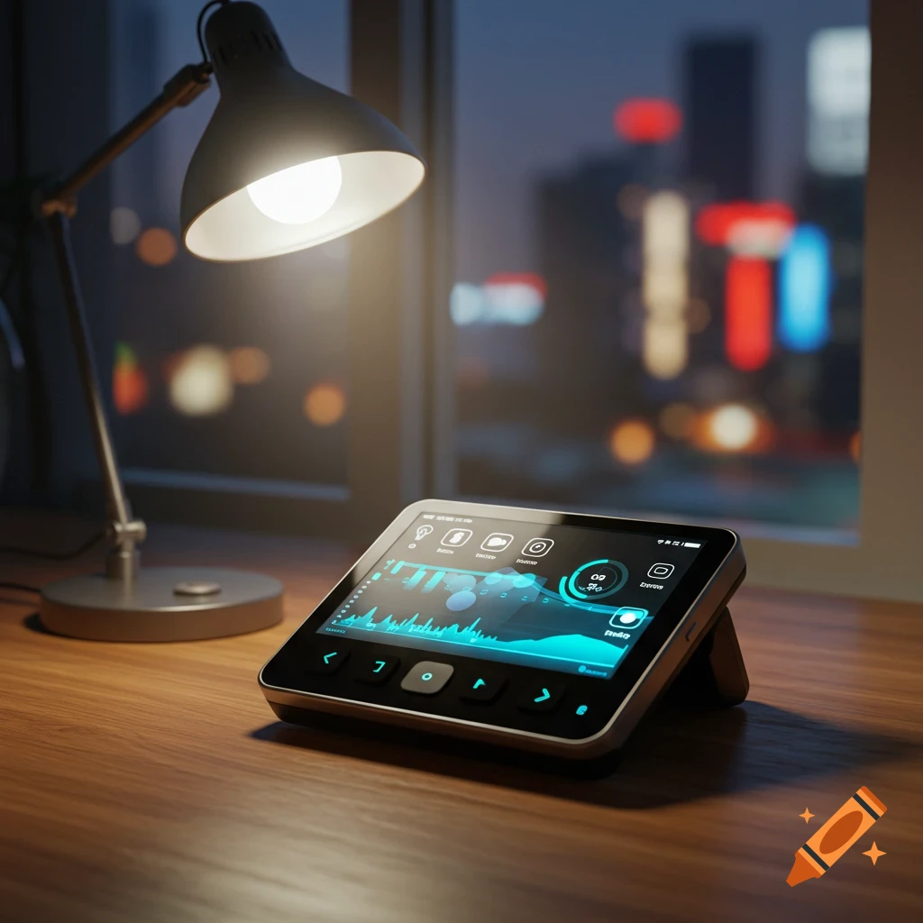 A sleek silver mobile phone with a glowing blue digital interface ...