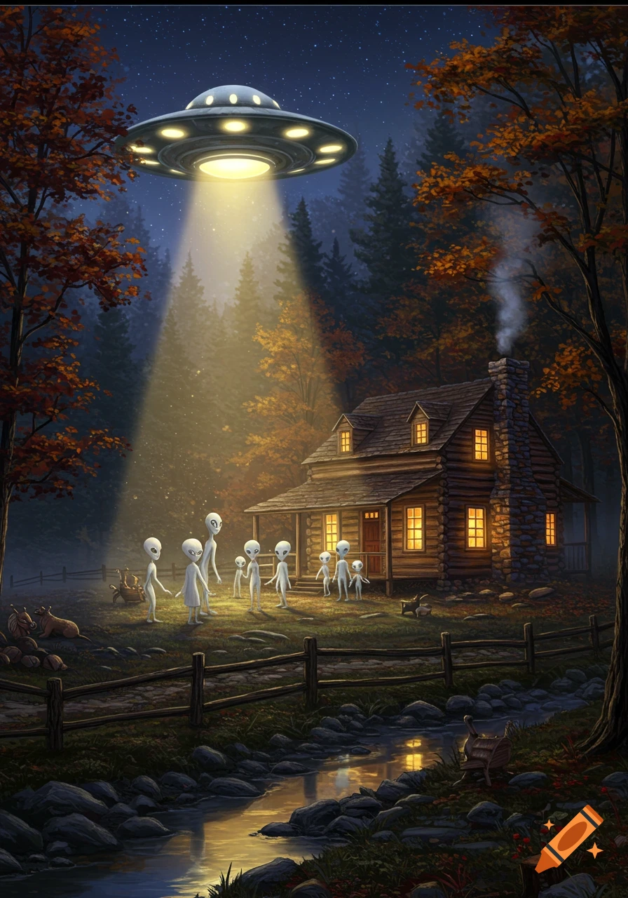A glowing UFO hovers over grey aliens gathered near a rustic log cabin ...