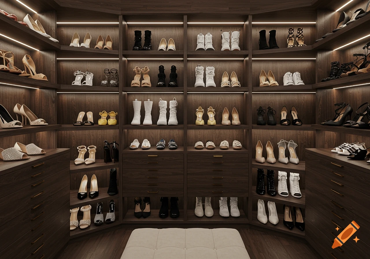 A large, luxurious walk-in closet with dark wooden shelves beautifully ...