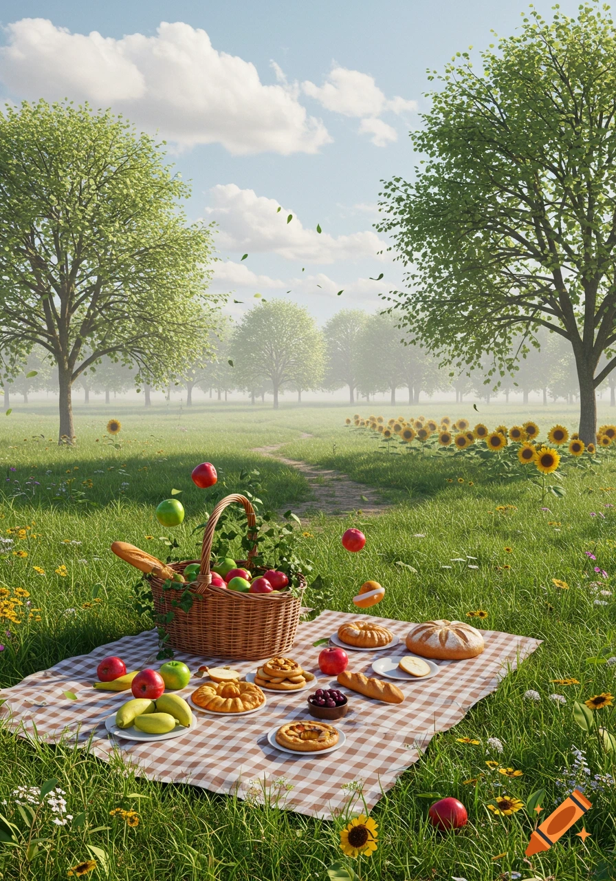 A vibrant picnic scene with a checkered blanket, food, and a basket of ...