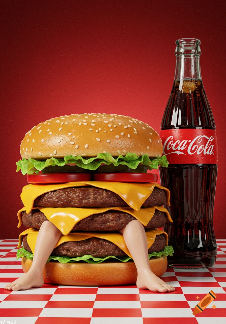 A photorealistic image of a giant double cheeseburger with human feet ...