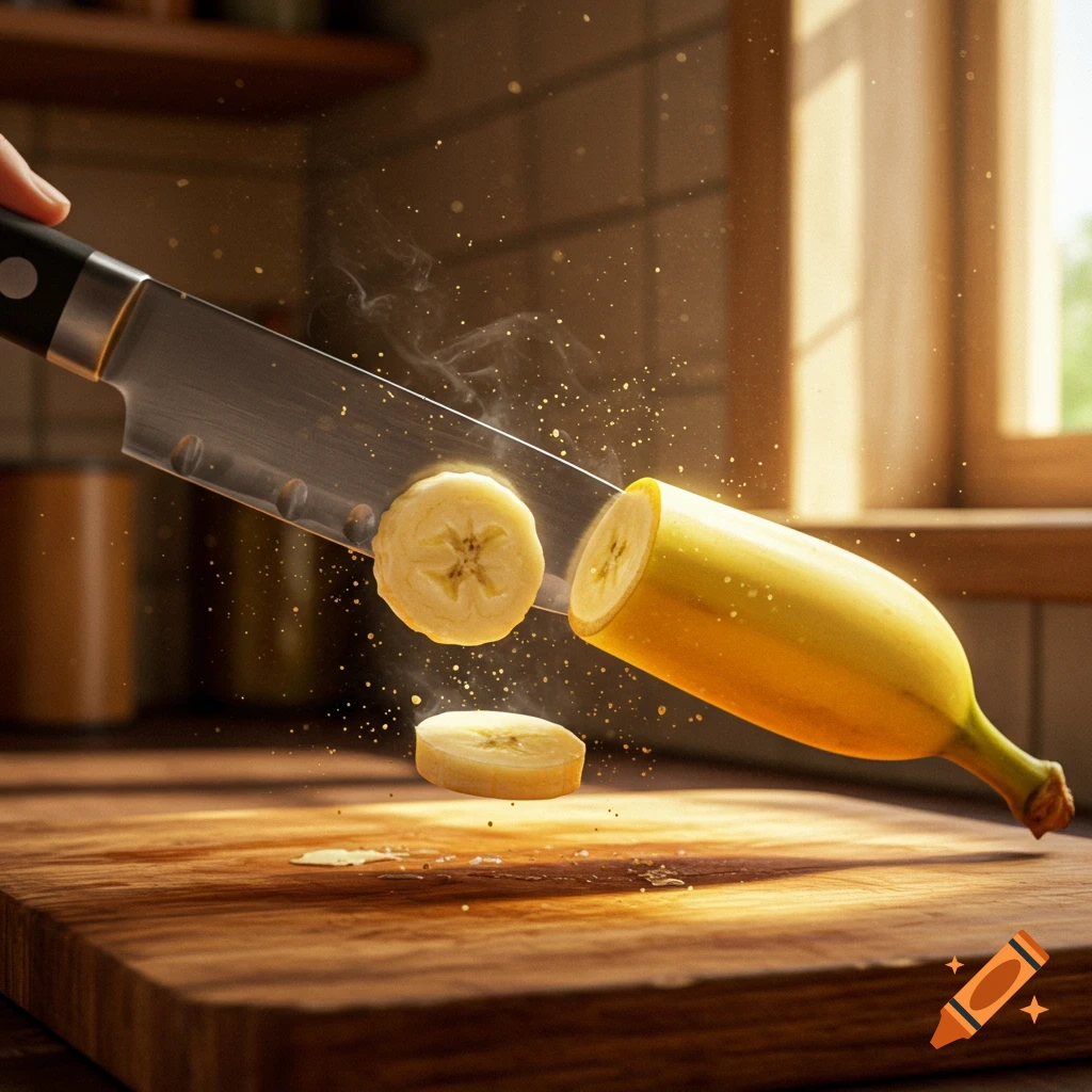 A knife cuts a banana into slices over a wooden cutting board in a ...