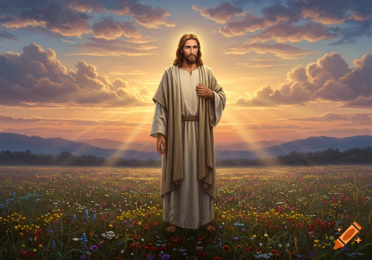 Jesus Christ ascends into a bright, cloudy sky surrounded by angels ...