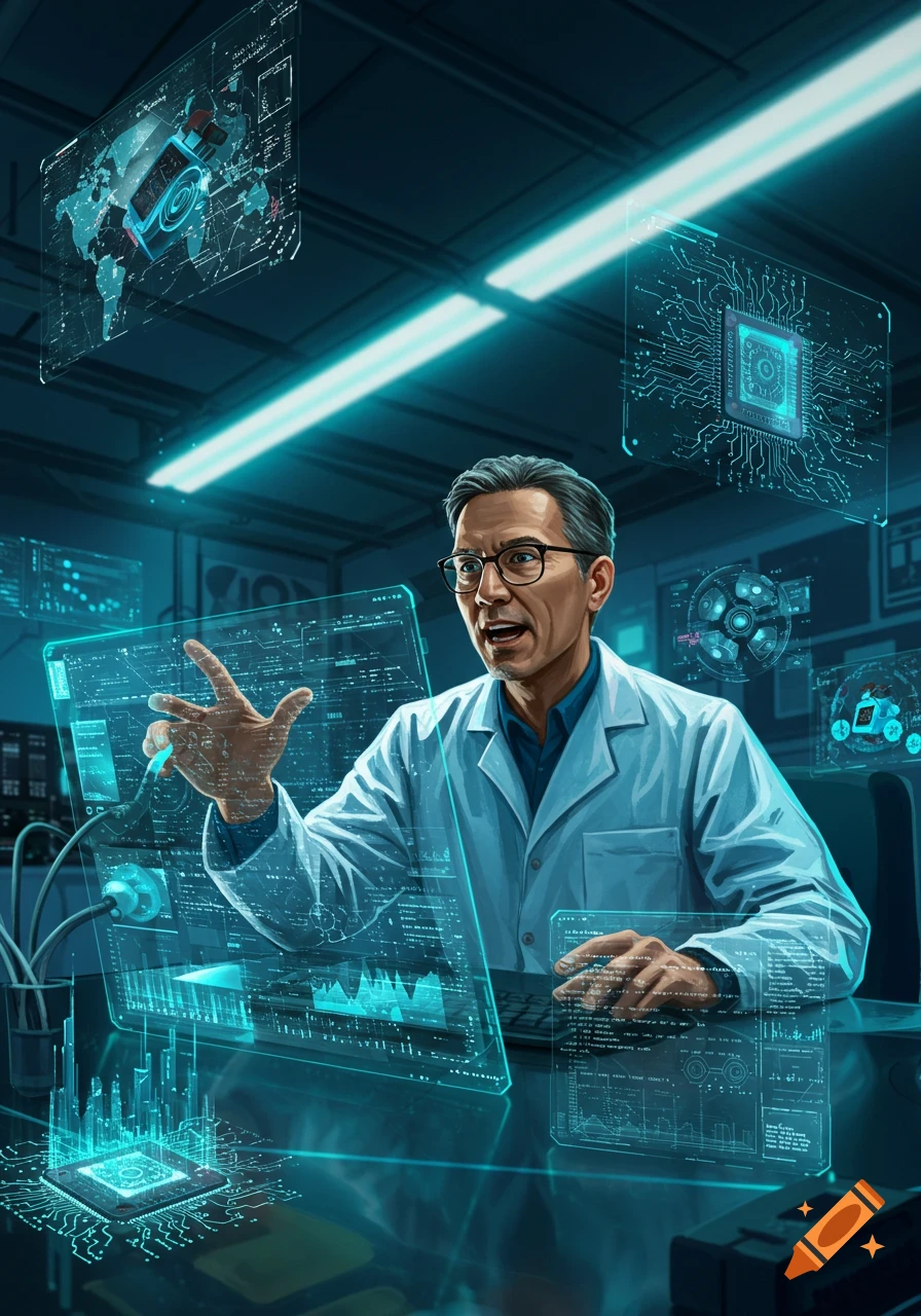 A female scientist in a lab coat and futuristic goggles stands in a ...