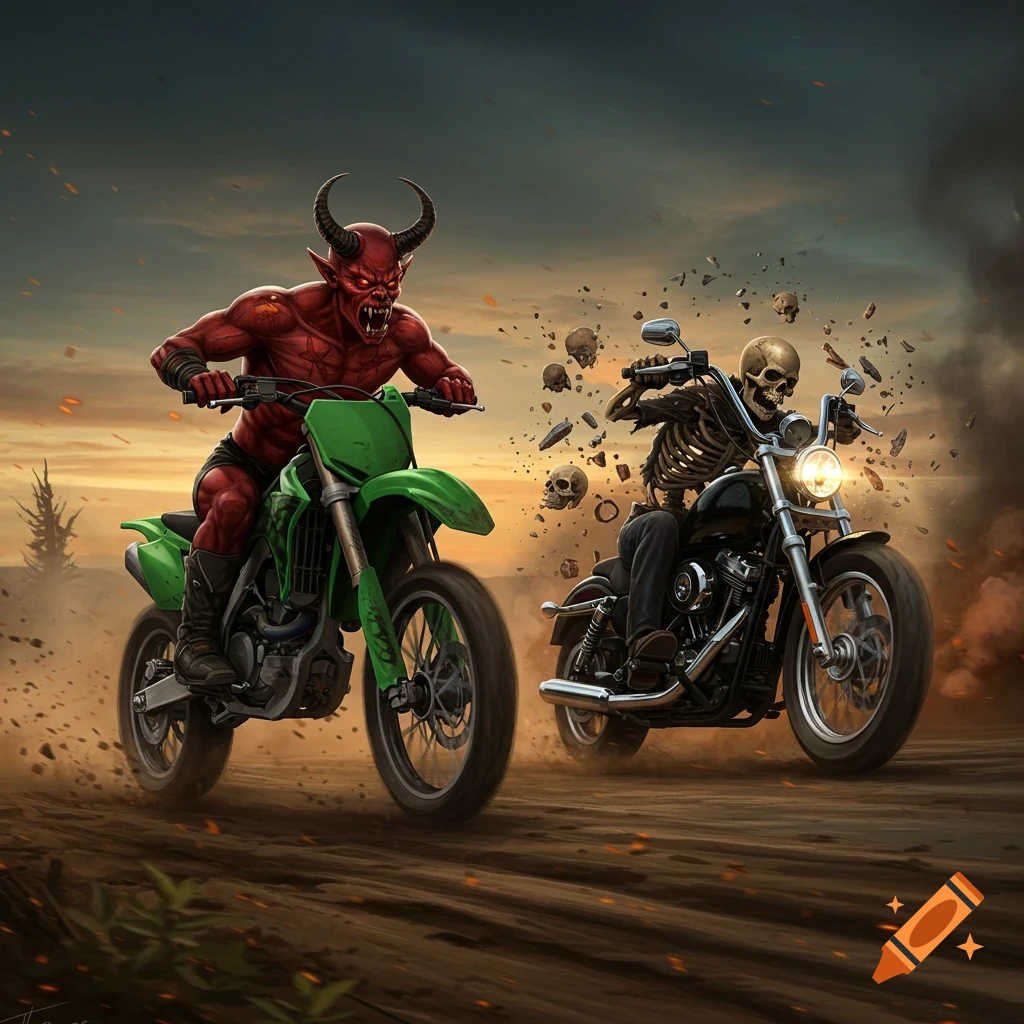 A red devil on a green motocross bike chases a skeleton on a black ...