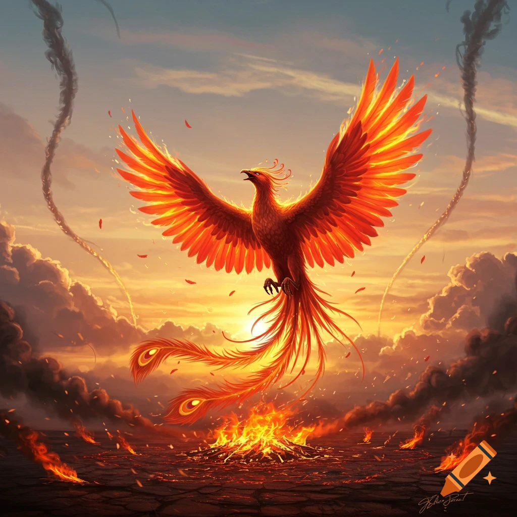 A majestic red and orange phoenix with spread wings rises from a ...