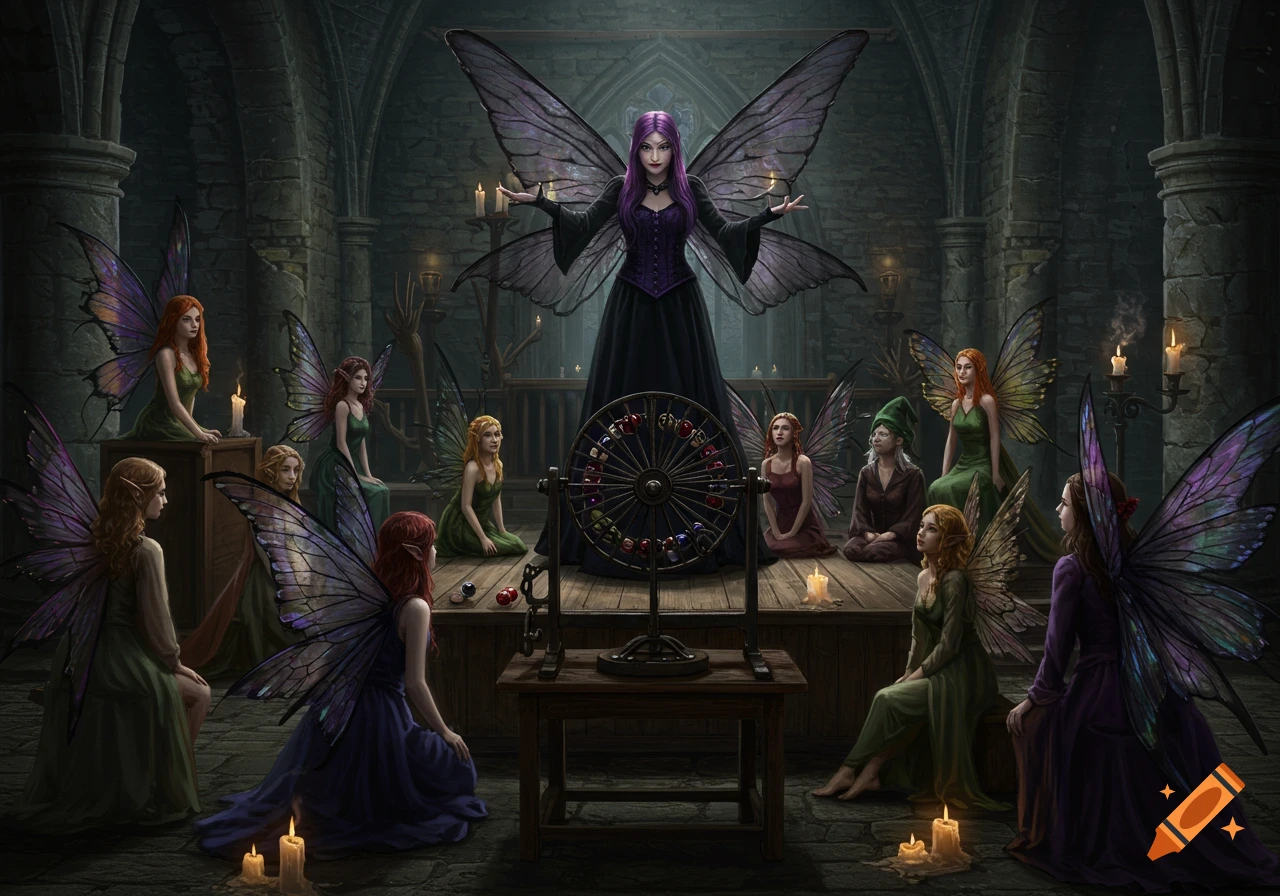 Gothic fairy witches gather in a dim, crumbling stone hall, a central ...