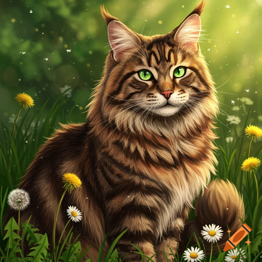 A brown tabby cat with green eyes sits by a stream in a sunny meadow ...