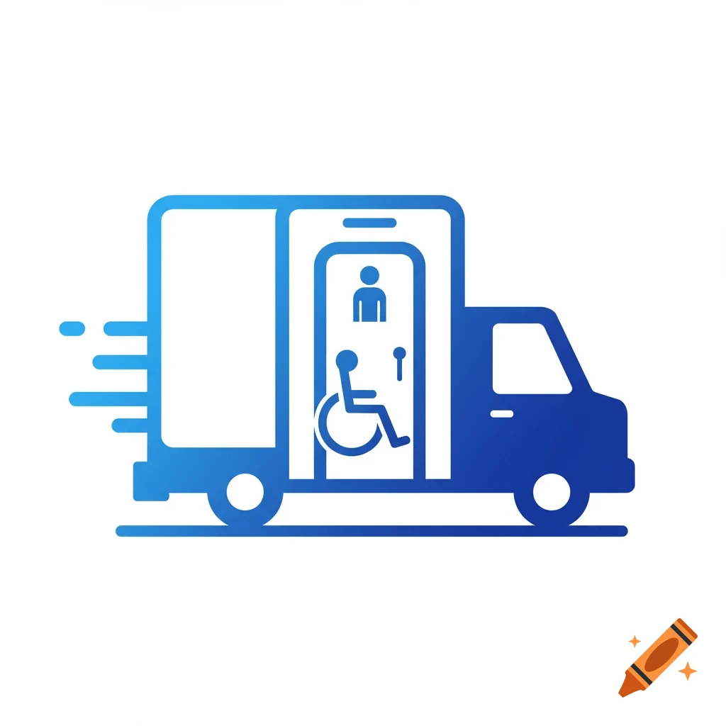 Blue gradient icon of a fast-moving box truck containing an accessible bathroom with a person ...