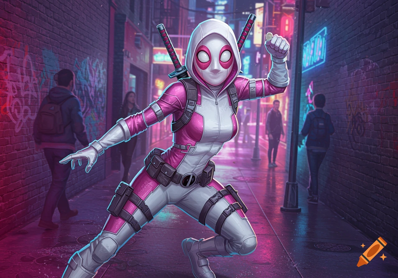 Gwenpool in a pink and white suit poses in a neon-lit city alley at ...