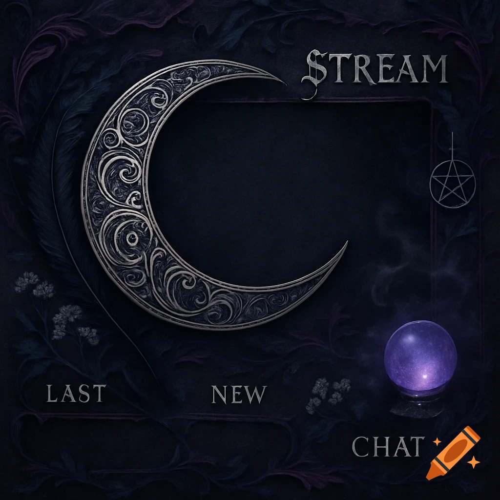 A dark gothic stream overlay with an ornate silver crescent moon, a pentagram, a glowing purple ...