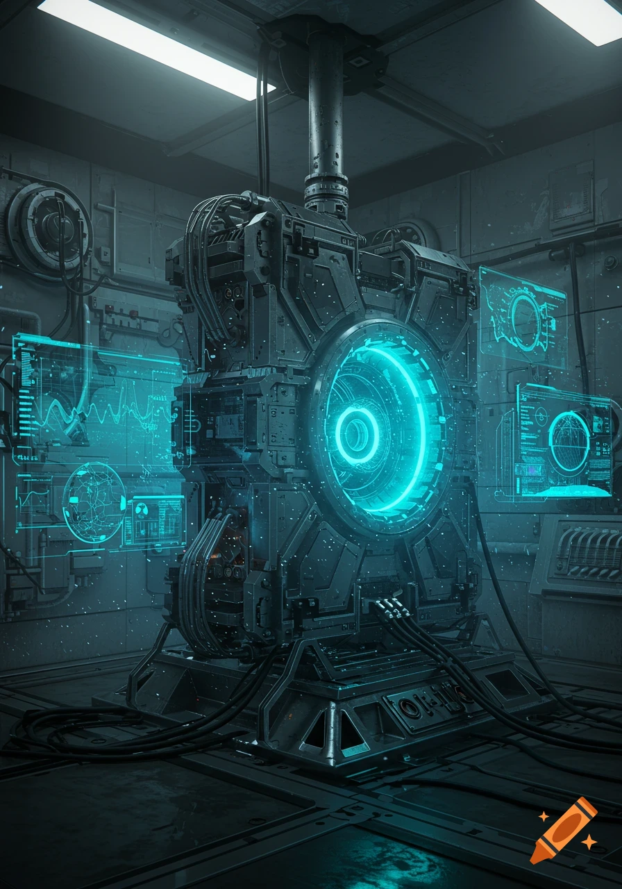 A dark, futuristic sci-fi archive room with many desks, computers, and ...