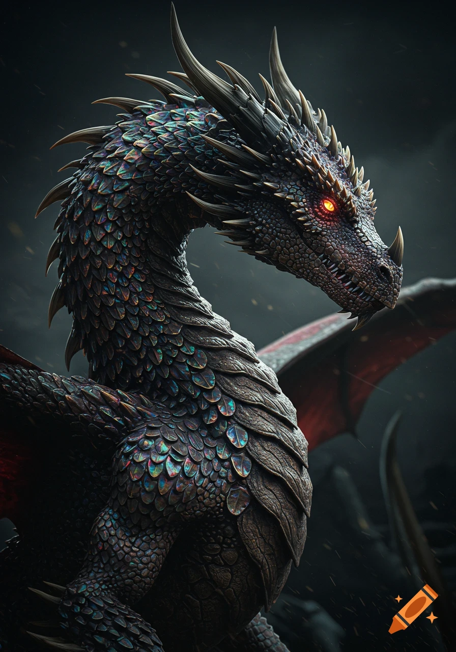 Close-up of a hyperrealistic dragon with iridescent scales and glowing ...