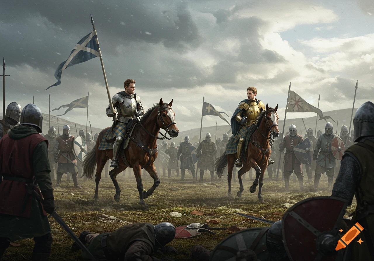 Two medieval knights on horseback lead an army under a cloudy sky, with ...