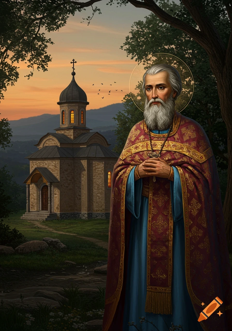 An elderly bearded saint in ornate red and gold Orthodox vestments ...