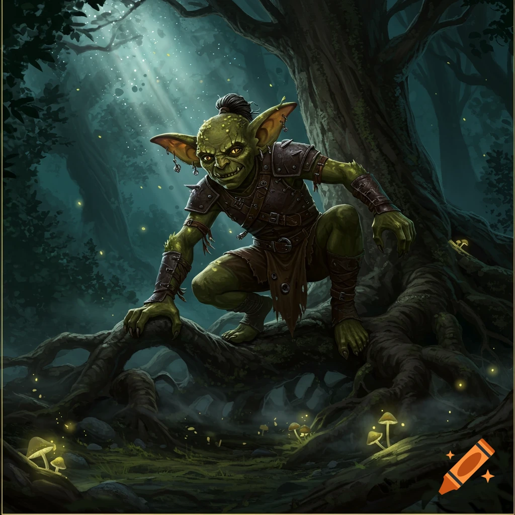A detailed digital painting of a green hobgoblin crouching on tree roots in a dark, misty forest ...