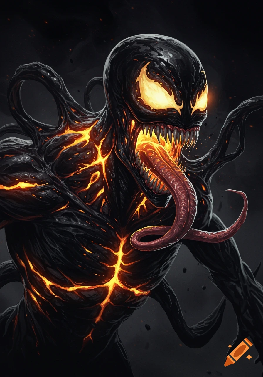 A black symbiote monster with glowing orange-yellow veins resembling ...